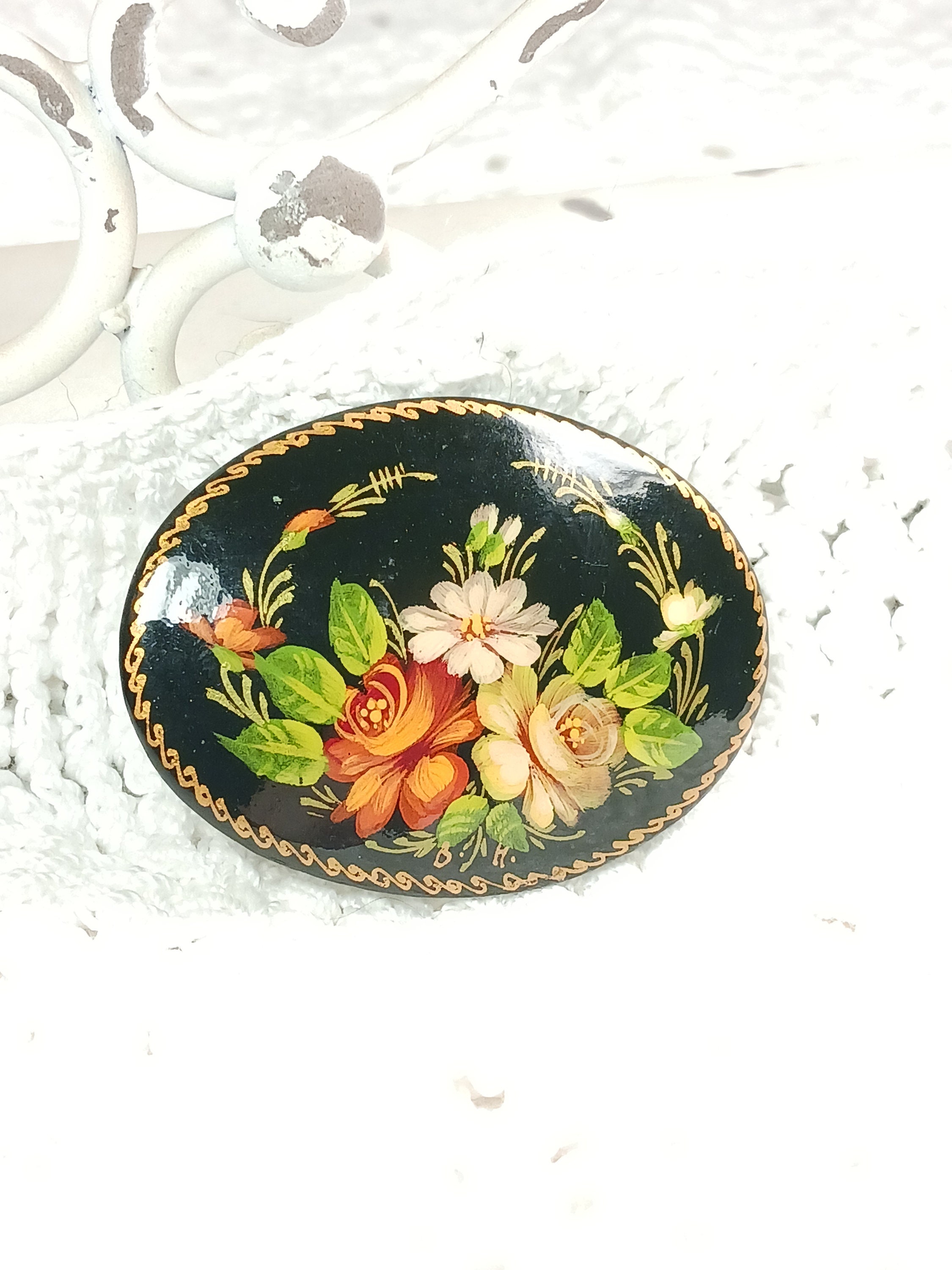 Vintage Lacquer Flower Brooch, Russian Signed Wood Pin, 1960s, Vintage ...