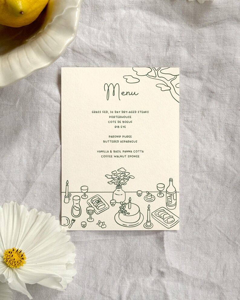 Minimal Hand Drawn Dinner Party Menu Invitation, Reception Dinner ...