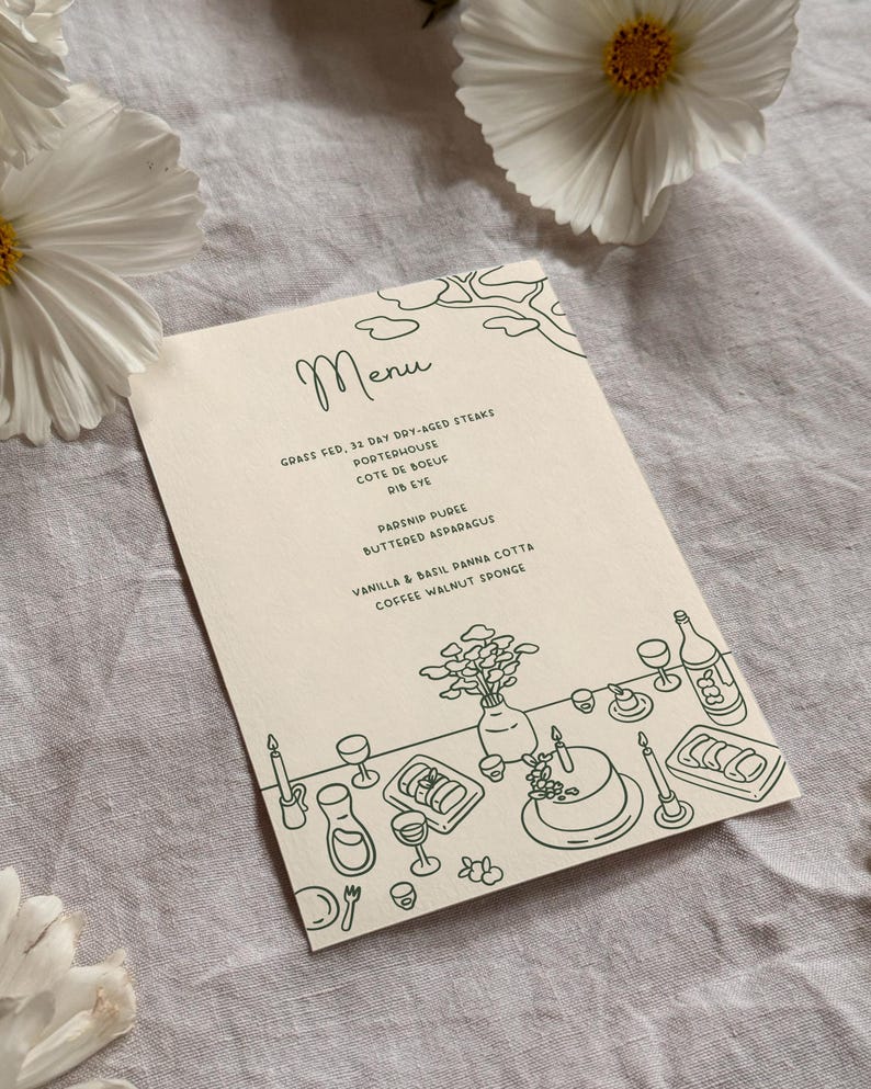 Minimal Hand Drawn Dinner Party Menu Invitation, Reception Dinner ...