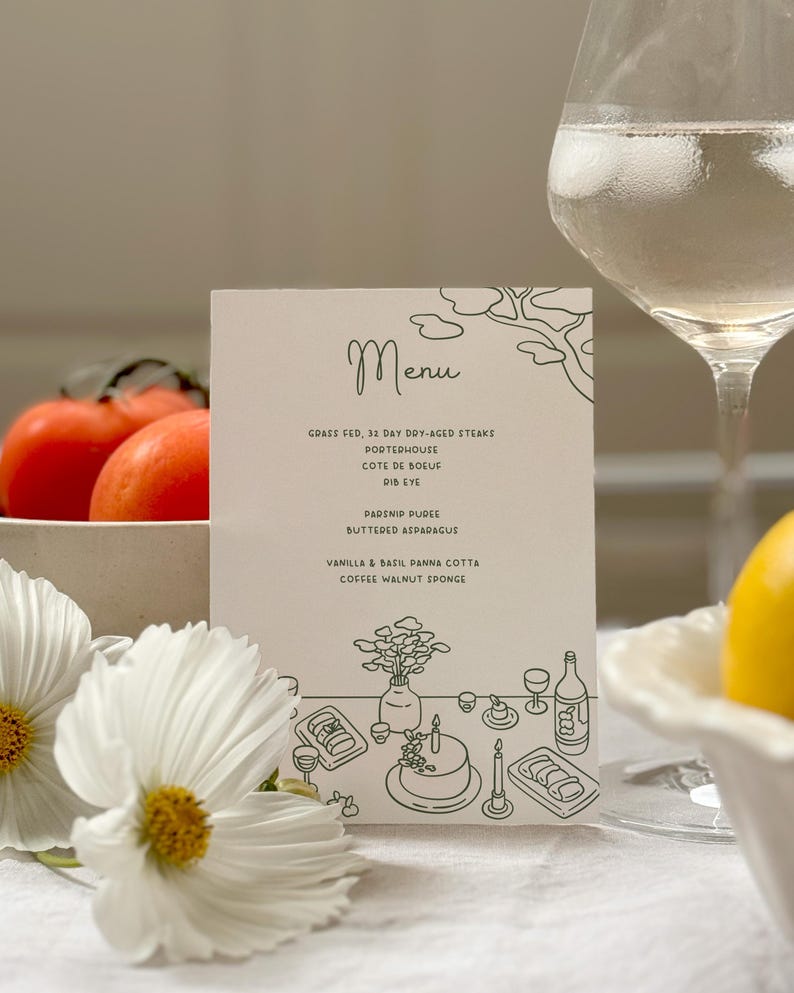 Minimal Hand Drawn Dinner Party Menu Invitation, Reception Dinner ...