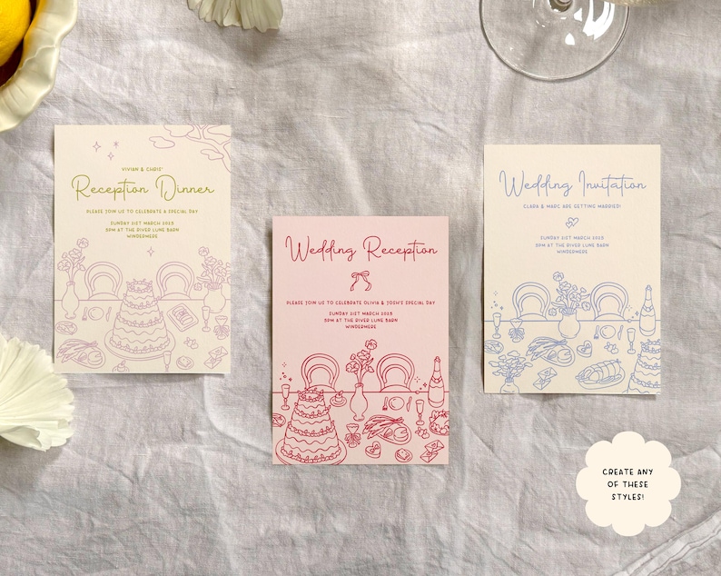 Whimsical Hand Drawn Wedding Invite Reception Dinner Invitation ...