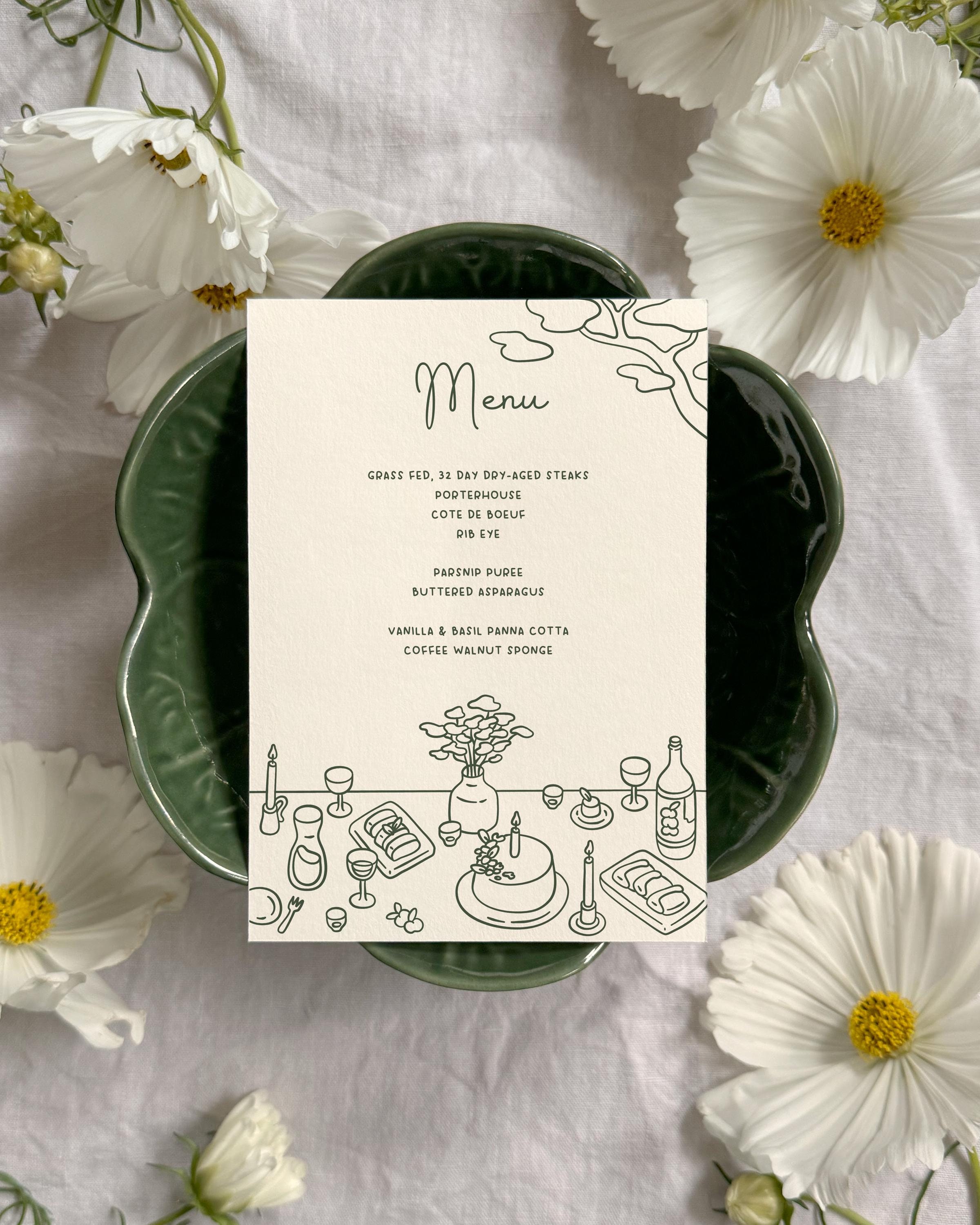 Minimal Hand Drawn Dinner Party Menu Invitation, Reception Dinner ...