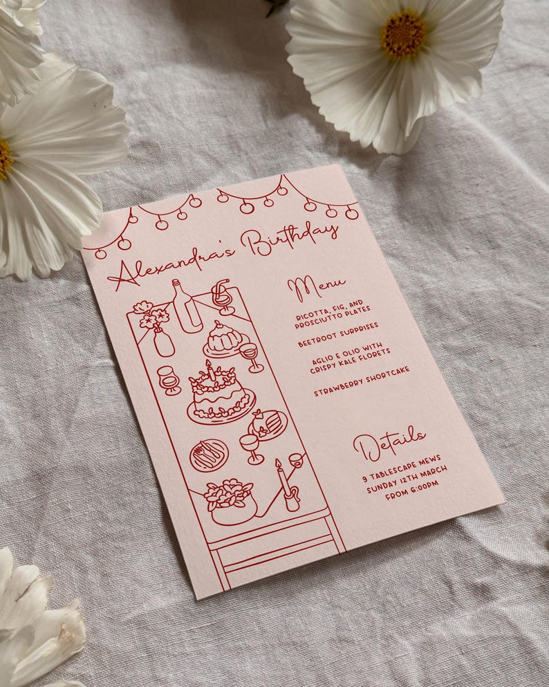 Minimal Hand Drawn Birthday Dinner Party Invite, Printable Customisable ...