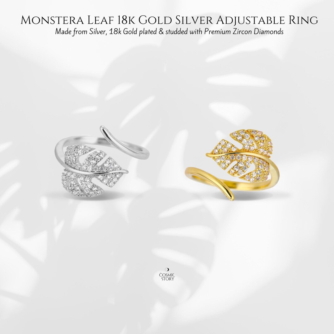 Monstera Leaf 18k Gold Zircon Adjustable Ring, Monstera Palm Leaf Ring ...
