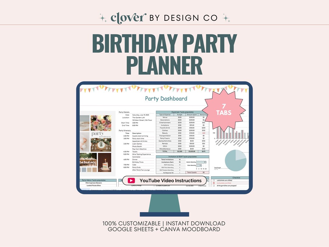 Birthday Party Planner: Google Sheets & Canva Moodboard, Expenses ...