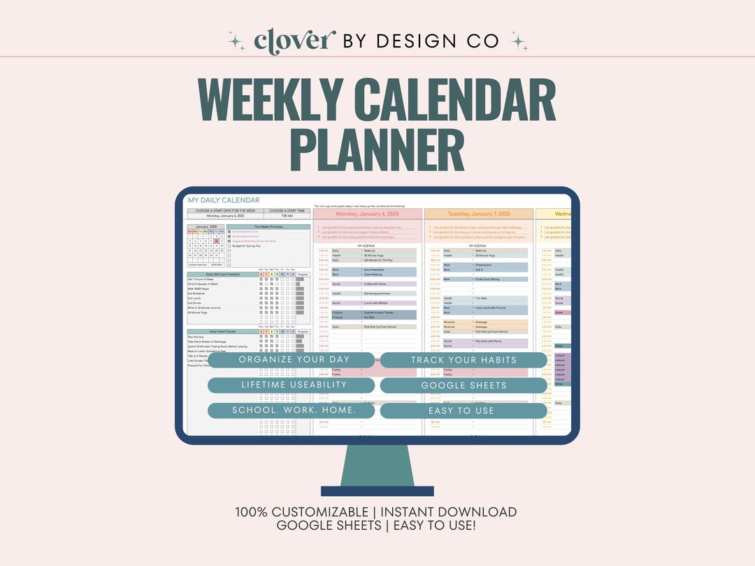 Weekly Digital Planner: Google Sheets Calendar, Habit & Task Tracker ...