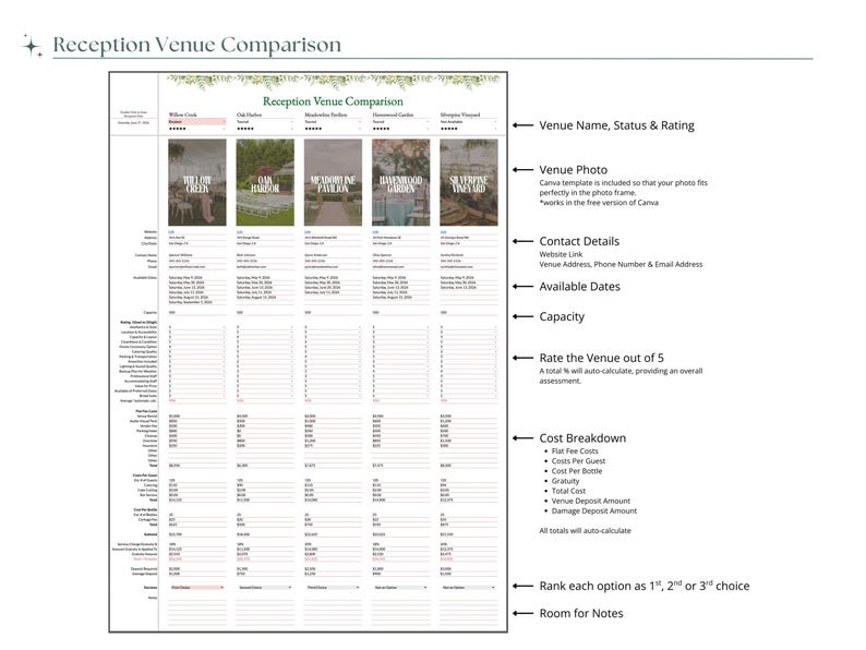 Wedding Vendor & Venue Comparison Planner: Google Sheets, Canva ...