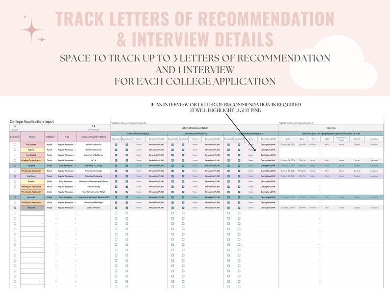 College & University Application Tracker | Google Sheets Student ...
