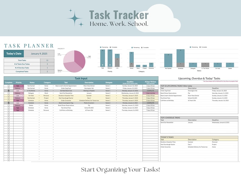 Task Tracker Google Sheets: Productivity Planner, Life, Work, School ...