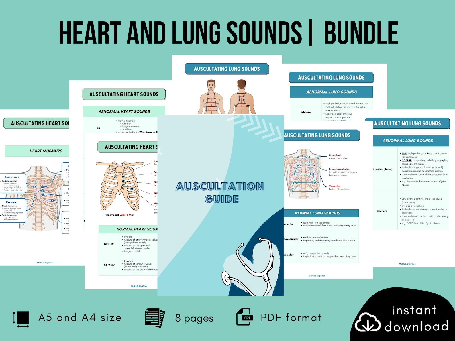 Heart and Lung Sounds Cheat Sheet Auscultation Guide PDF Digital ...