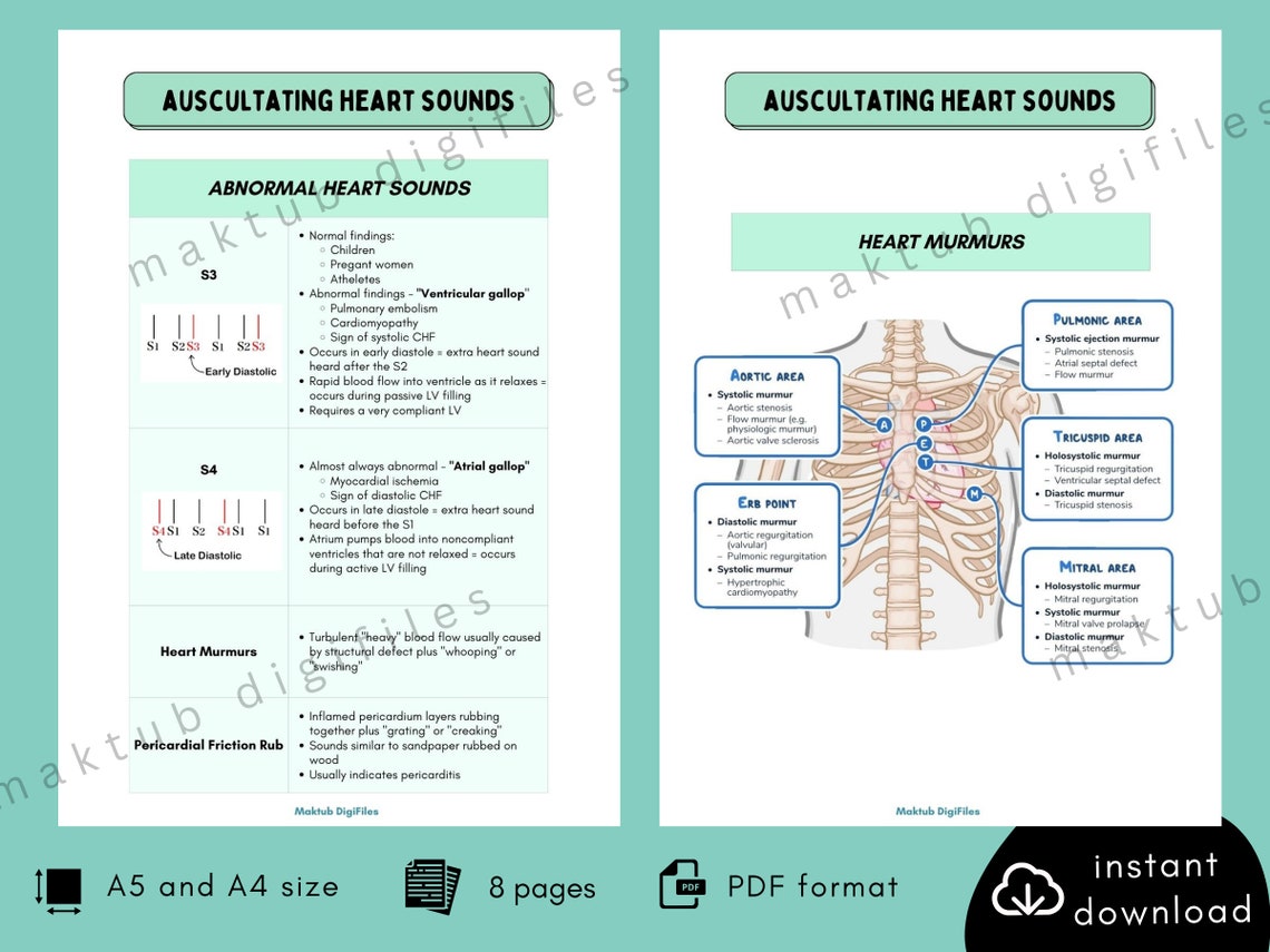 Heart and Lung Sounds Cheat Sheet Auscultation Guide PDF Digital ...