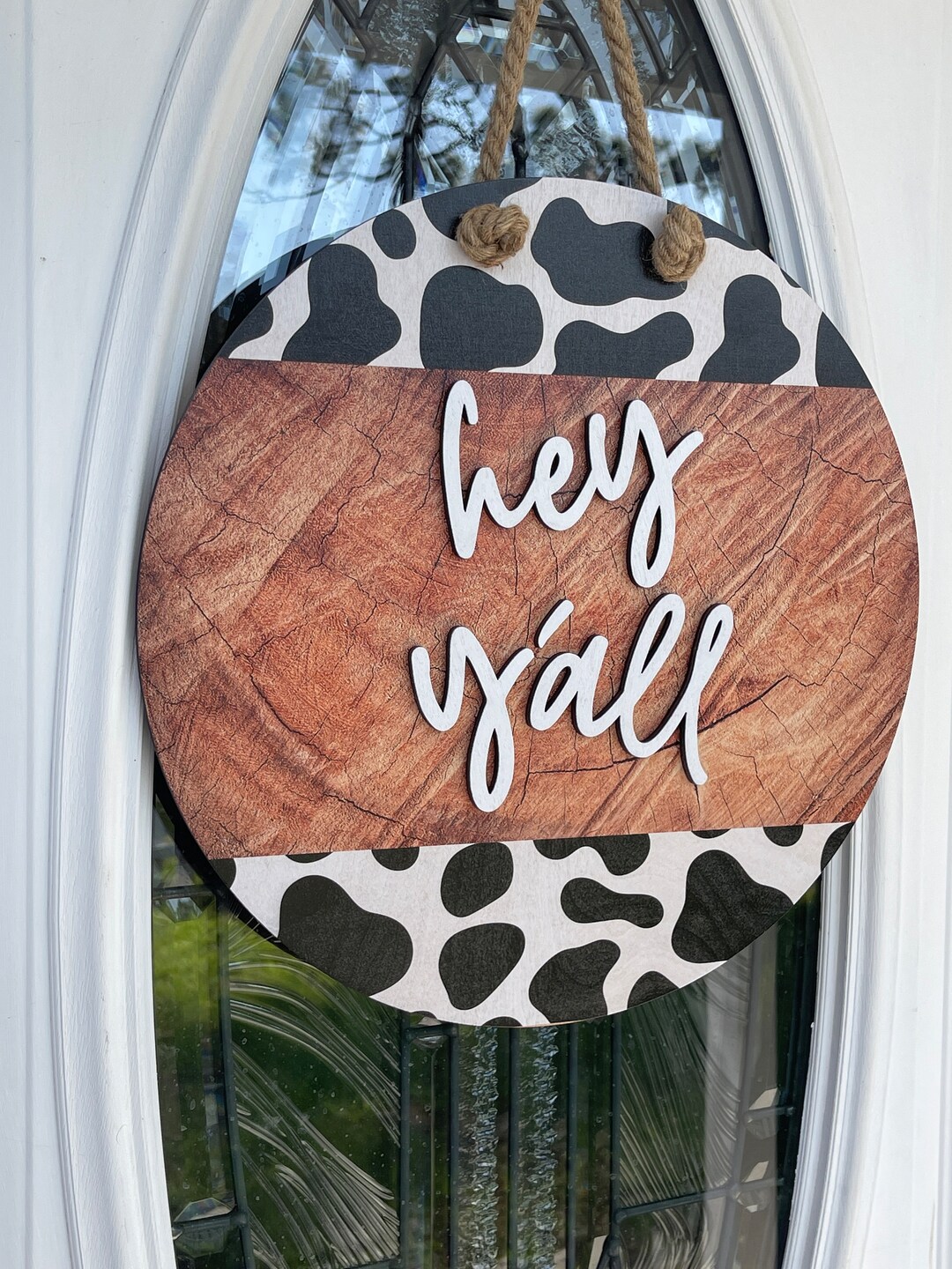 Hey Y All Door Hanger, Cow Print UV Printed 3D Door Hanger, Wood Door ...
