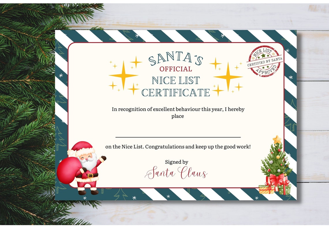 Printable Nice List Certificate From Santa Claus / Digital Download ...