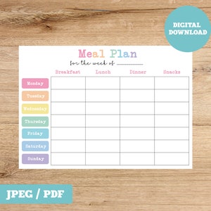 Printable Weekly Menu Planner - Digital Download / Pastel Rainbow Menu ...