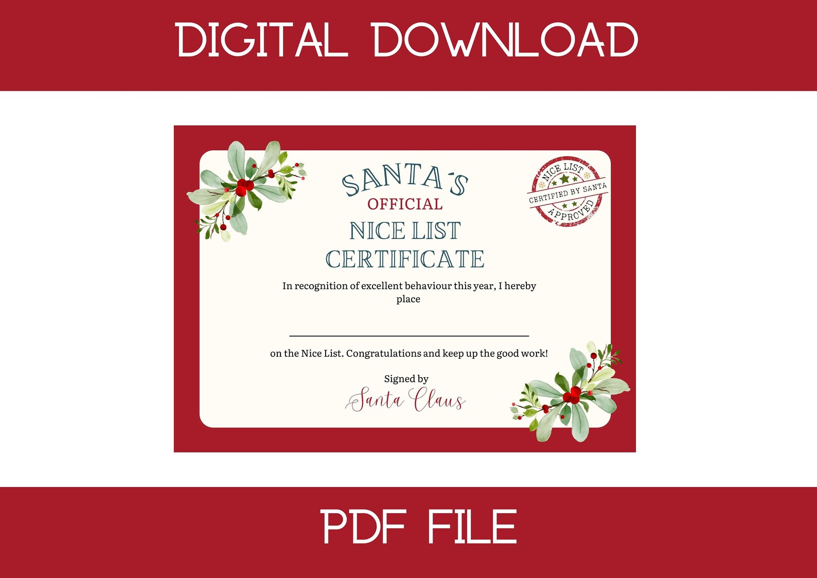 Printable Nice List Certificate From Santa Claus / Digital Download ...