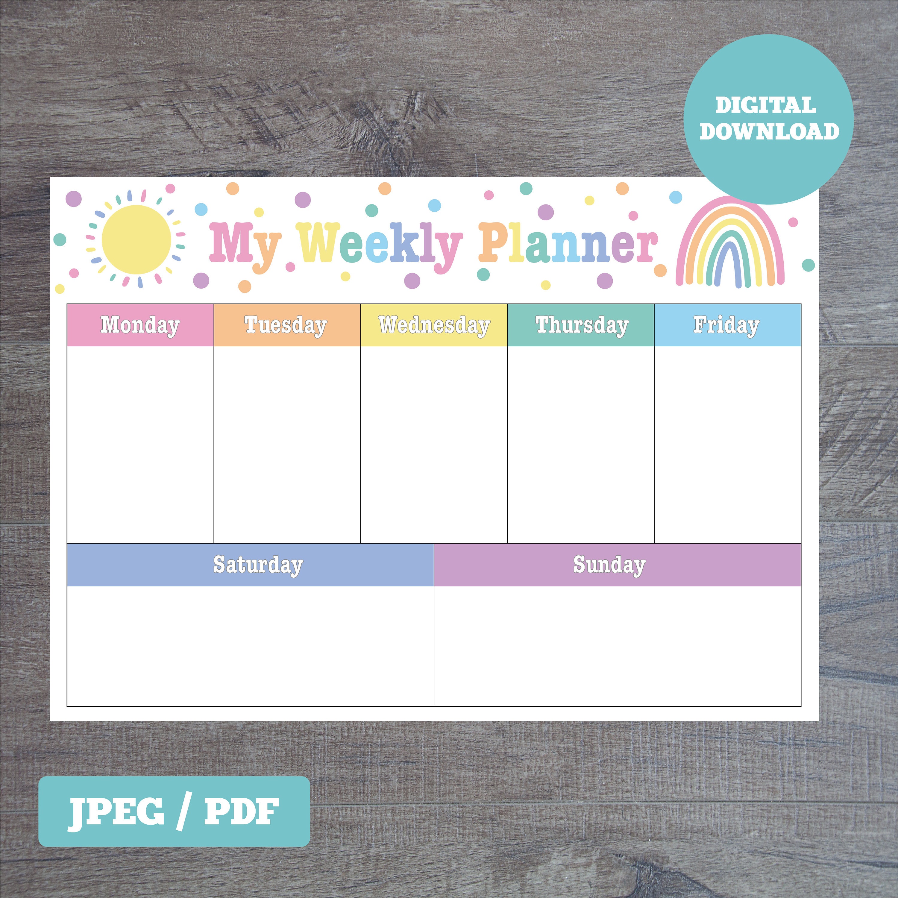 Printable Pastel Weekly Schedule for Kids - Digital Download / Rainbow ...