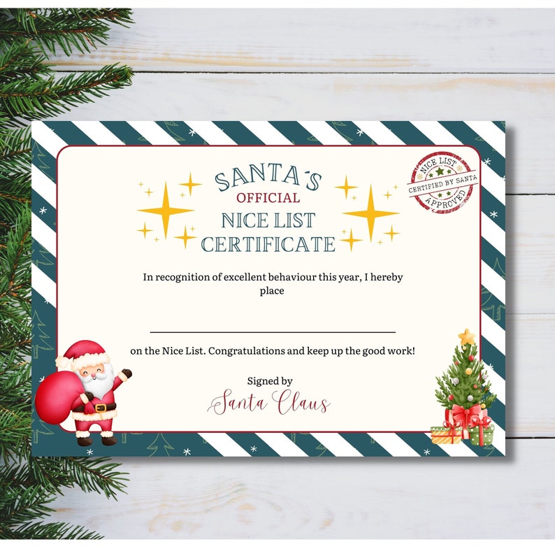 Printable Nice List Certificate From Santa Claus / Digital Download ...