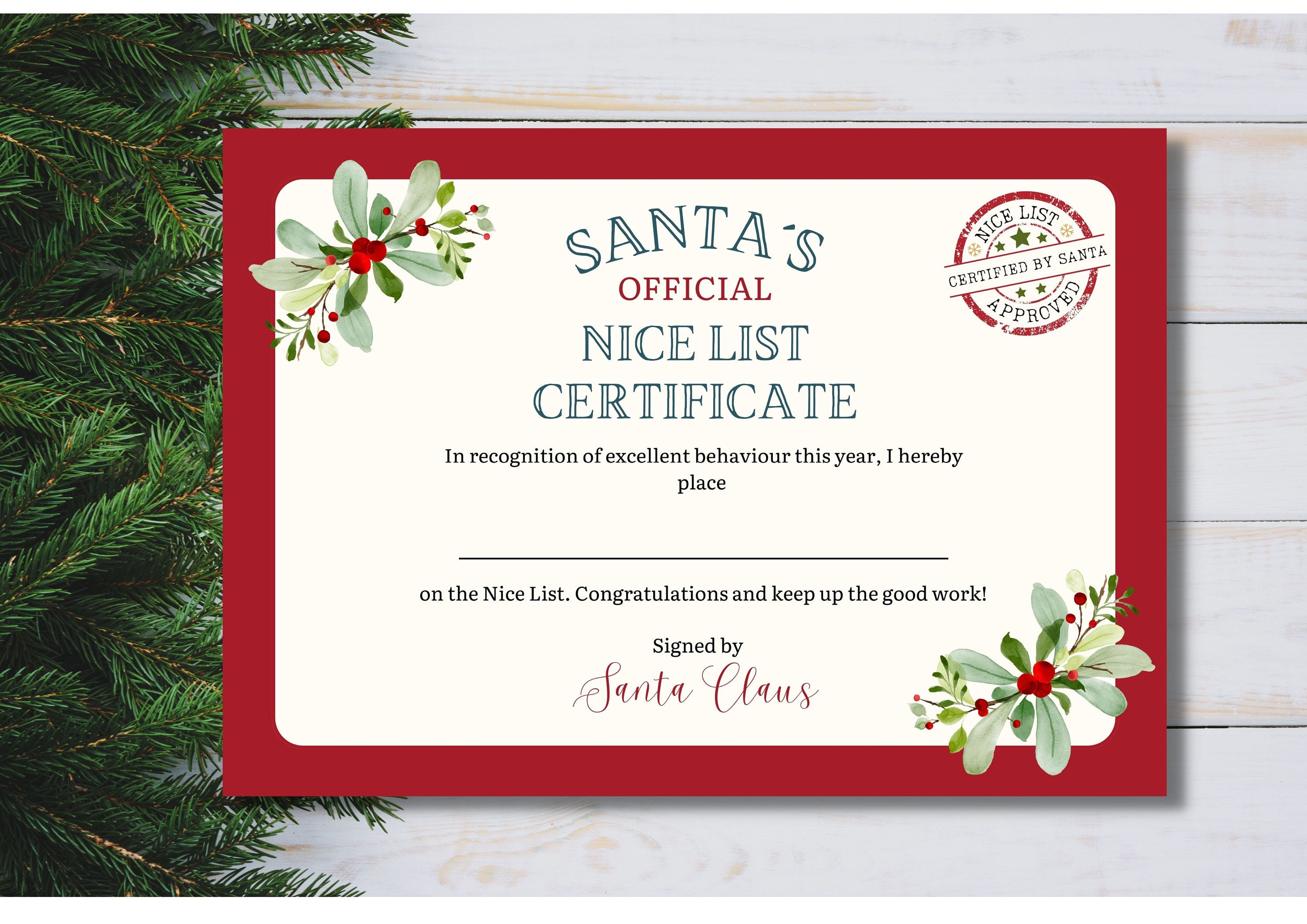 Printable Nice List Certificate From Santa Claus / Digital Download ...