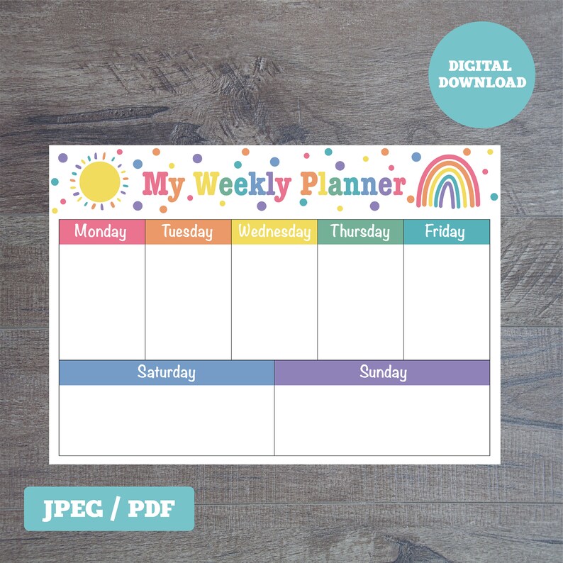 Printable Weekly Schedule for Kids - Digital Download / Rainbow and Sun ...
