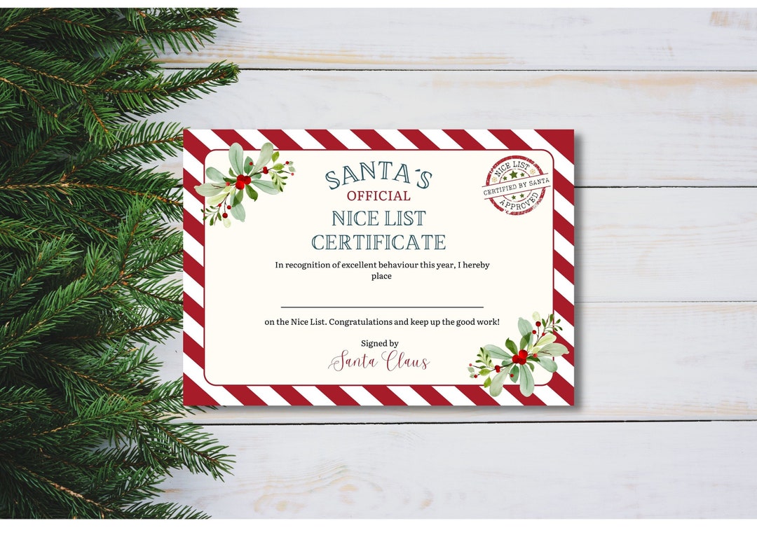 Printable Red and White Nice List Certificate From Santa Claus ...