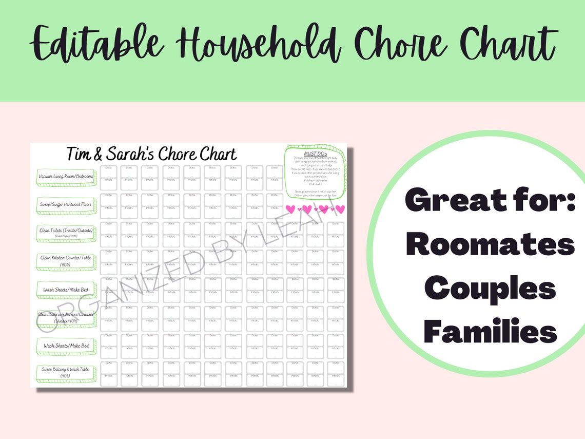 Editable Household Chore Chart: Couples, Roommates, Families - Etsy