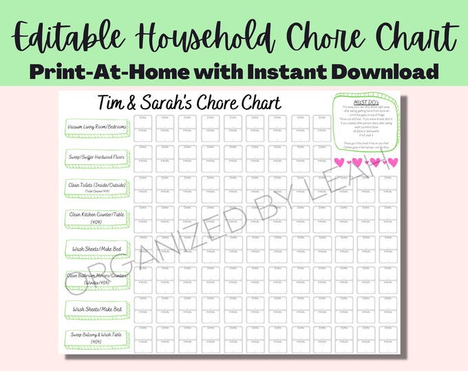 Editable Chore Chart for Couples & Families Instant Download Daily ...