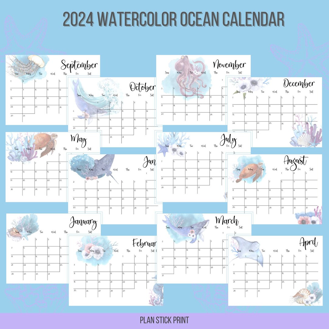 2024 Watercolor Ocean Marine Animal Printable Calendar - Etsy