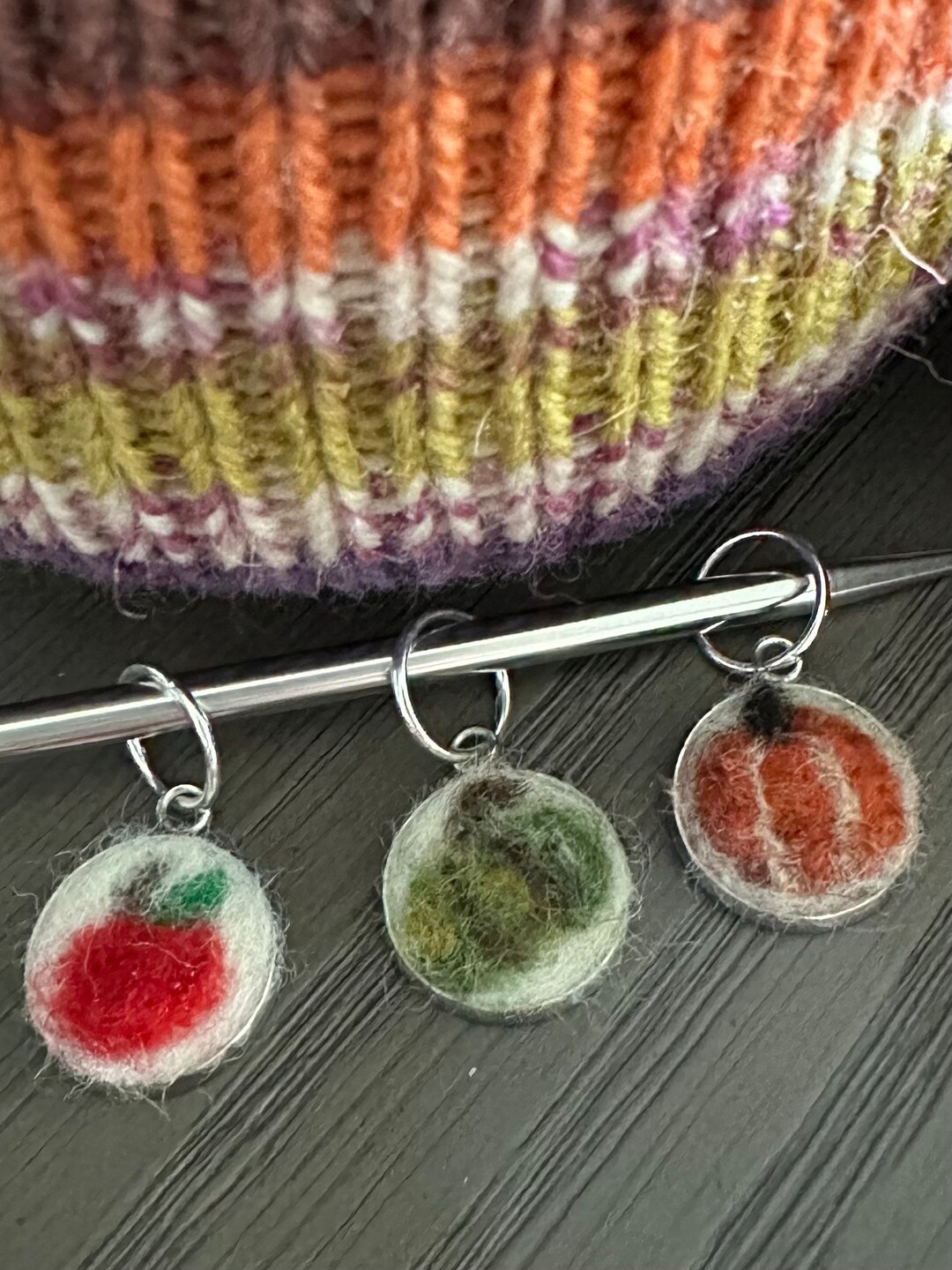Needle Felted Fall Stitch Marker Set – Pumpkin, Apple, Knitting Notions ...