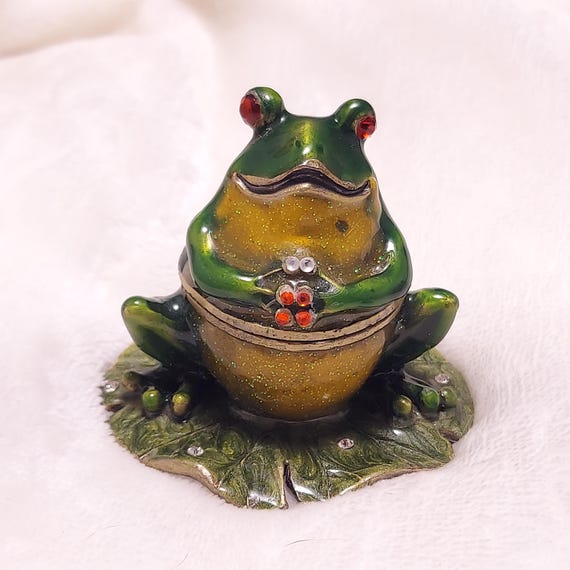 Vintage Jeweled Frog Trinket Box with Red Jeweled Eyes - Gem