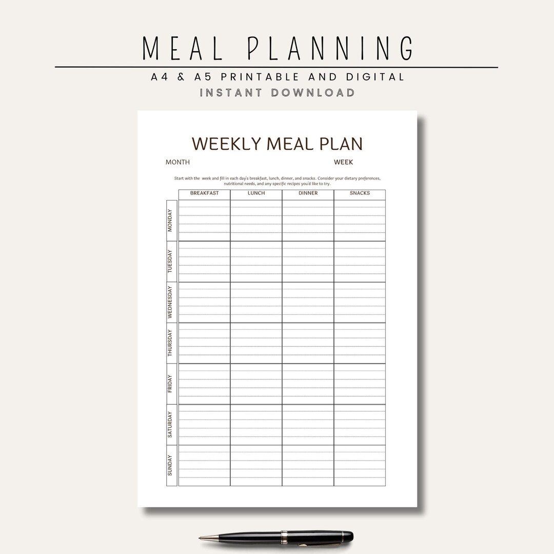 Weekly Meal Planner, Printable Template, 7-day Menu Plan, Food Planner ...