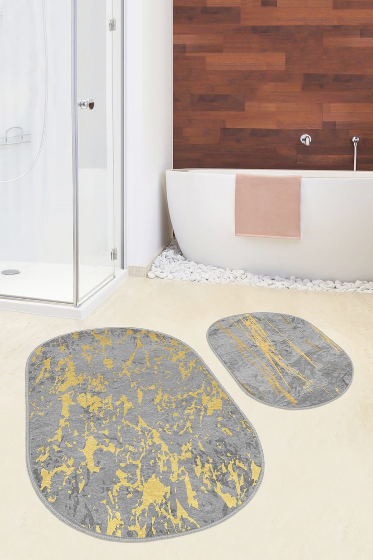 Set of 2 Gray Gold Bath Mat, Marble Bath Rug, Gray Gold Bath Decor ...