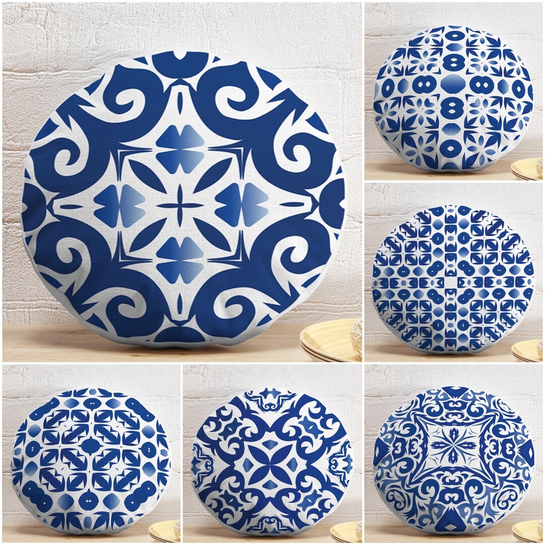 Blue Tile Pattern Round Pillow Cover & Insert, Geometric Circle Cushion ...