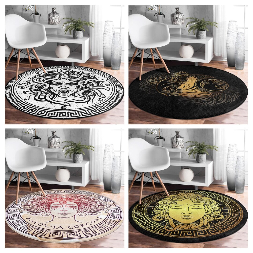 Medusa Round Rug, Black Gold Area Rug, Mythical Motif Rug, Greek ...
