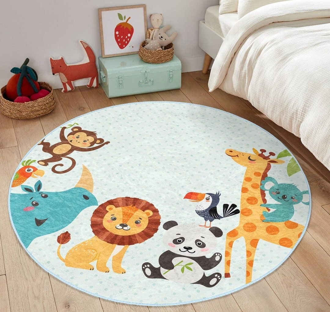 Cute Animals Nursery Rug, Jungle Animals Round Carpet, Cute Area ...