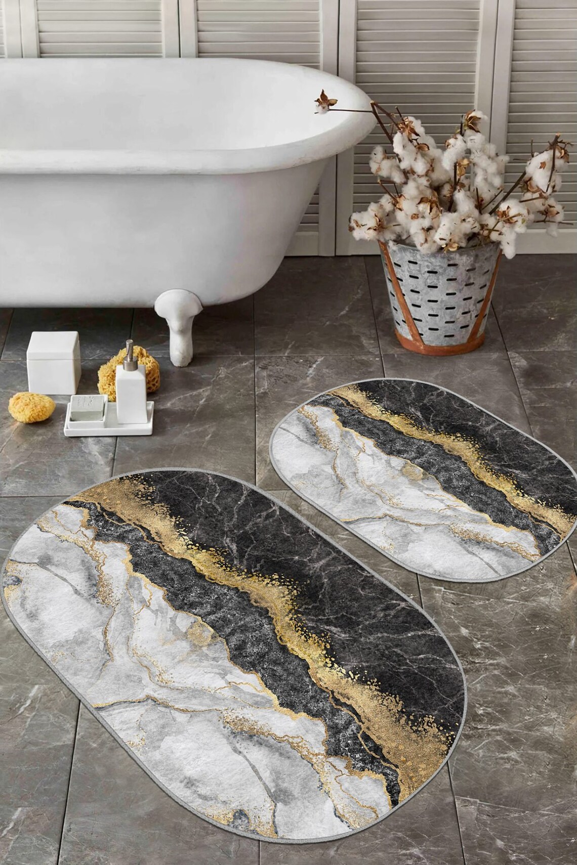 Set of 2 Marble Bath Mat, Black Gold Bath Rug, Non-slip Bath Mat Set ...