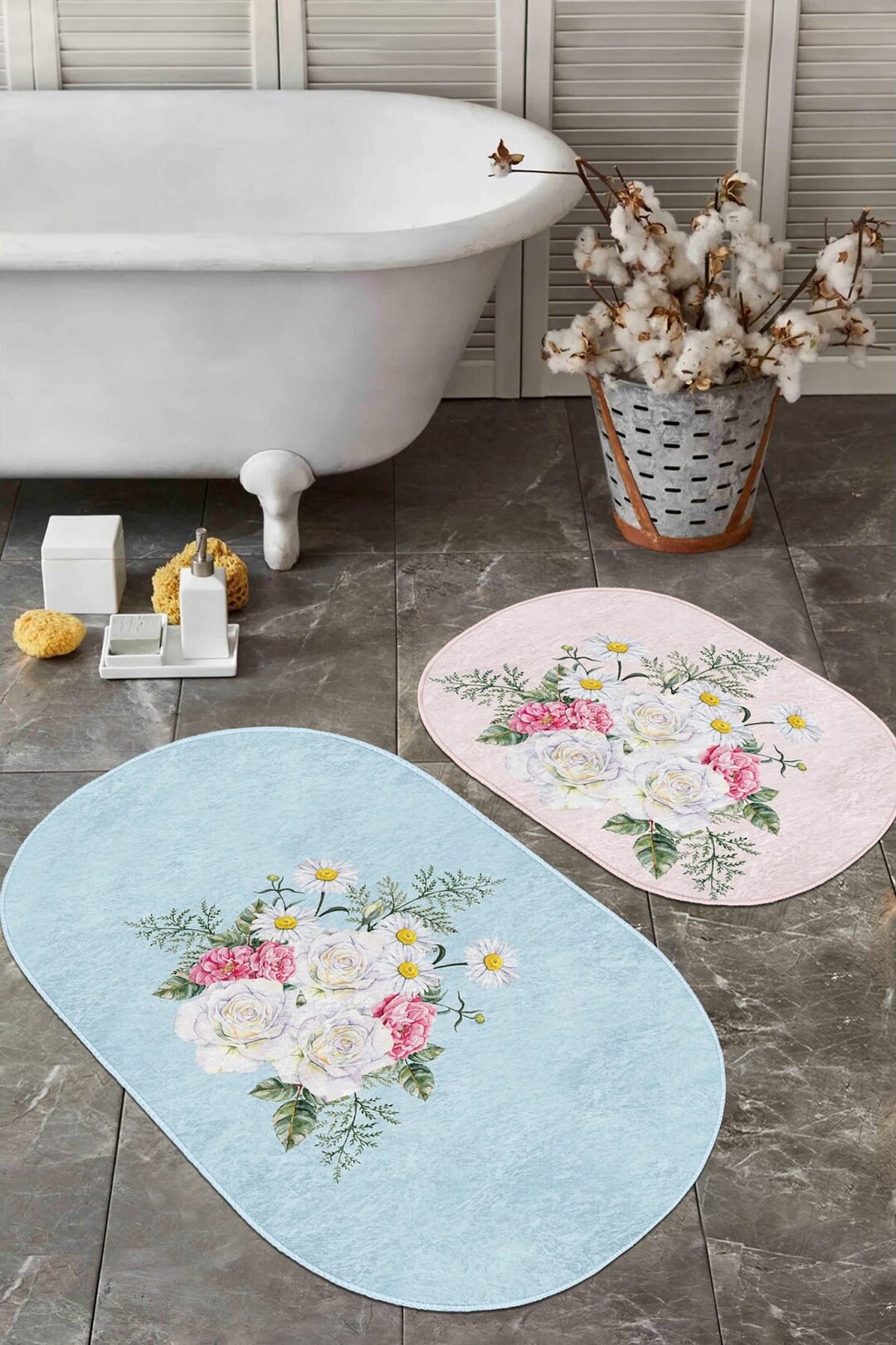 Set of 2 Blue Pink Floral Bath Mat, Flower Bathroom Rug, Spring Floral ...