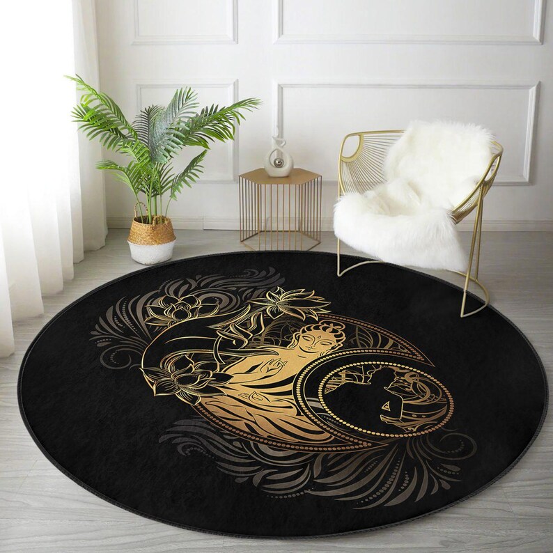 Medusa Round Rug, Black Gold Area Rug, Mythical Motif Rug, Greek ...