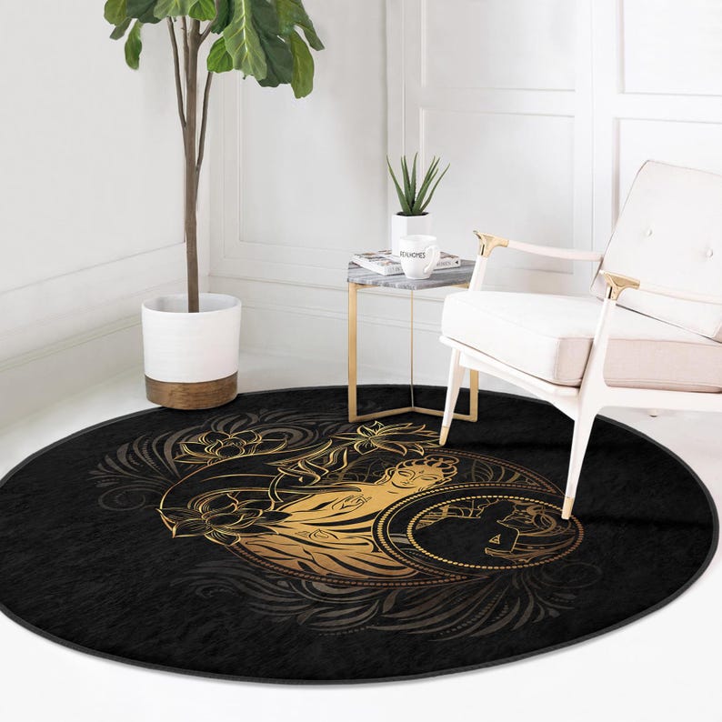 Medusa Round Rug, Black Gold Area Rug, Mythical Motif Rug, Greek ...