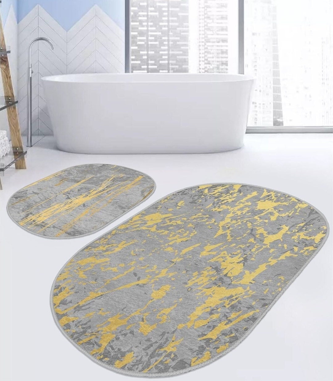 Set of 2 Gray Gold Bath Mat, Marble Bath Rug, Gray Gold Bath Decor ...