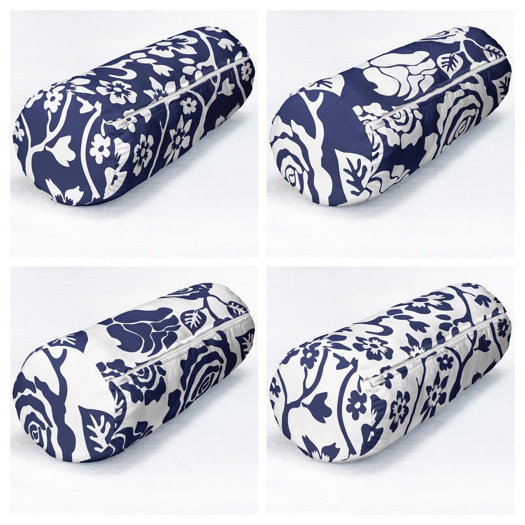 Navy Blue White Bolster Pillow, Blue Floral Cylindical Pillow, Leaf ...