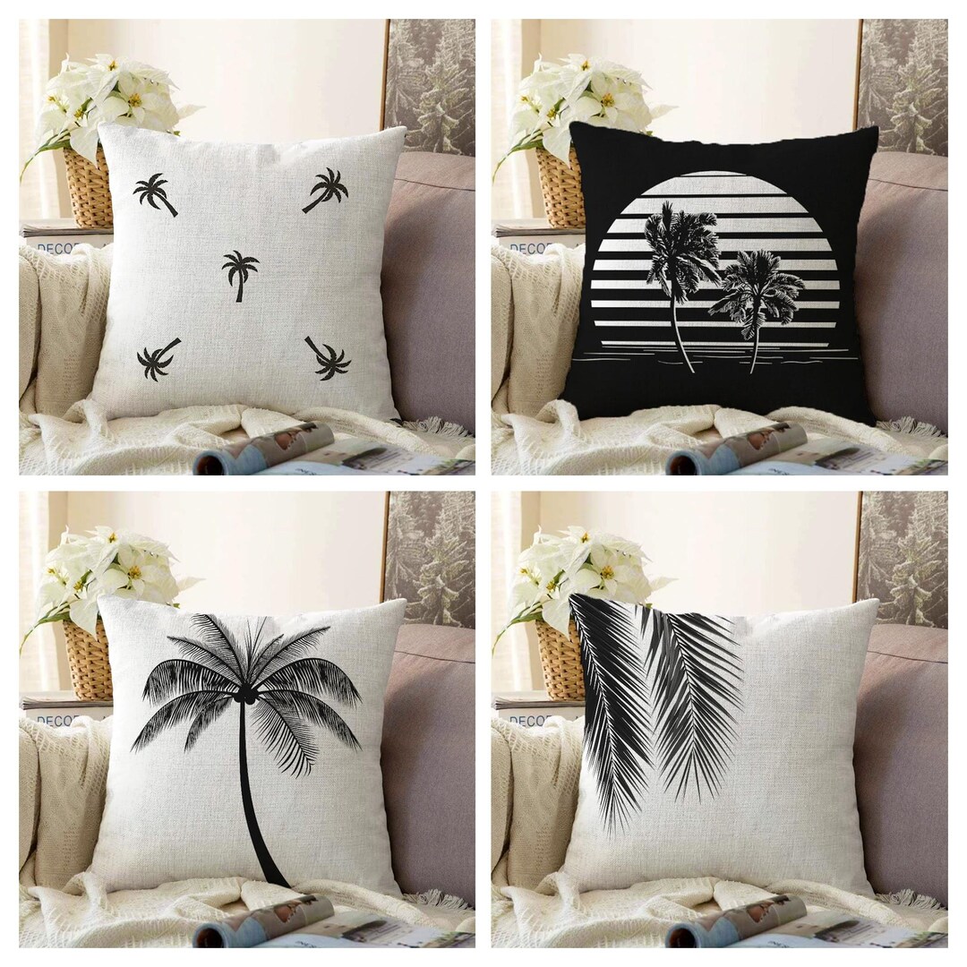 Black White Palm Tree Pillow Cover, Palm Leaves Cushion Case, Tropical ...
