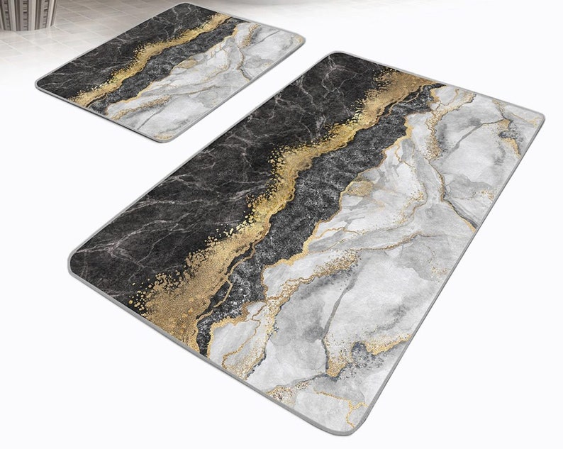 Set of 2 Marble Bath Mat, Black Gold Bath Rug, Non-slip Bath Mat Set ...