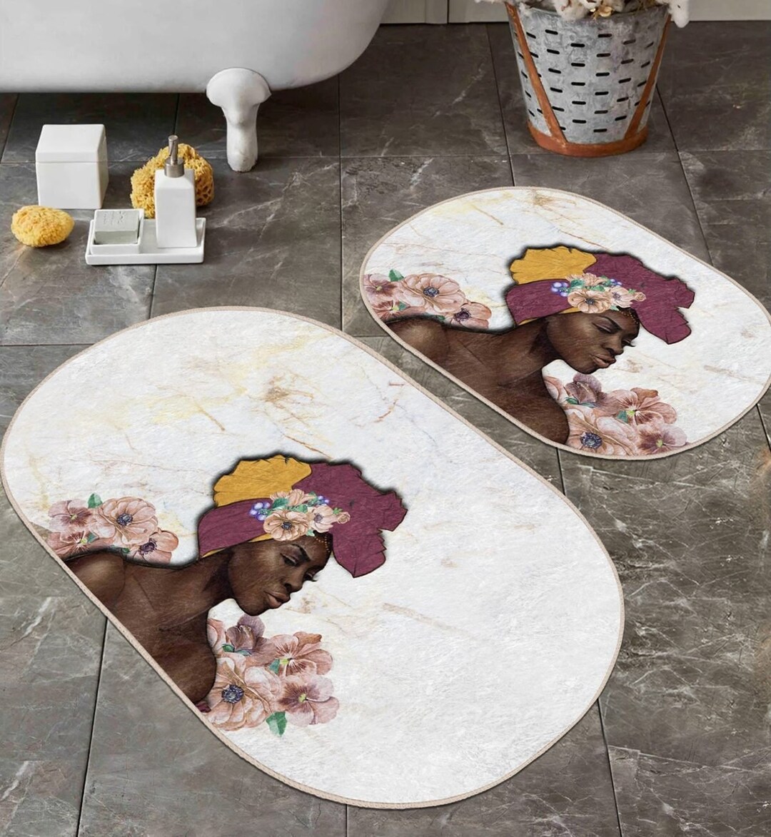 Set of 2 African Woman Bath Rug, African Living Room Floor Mat, Black ...