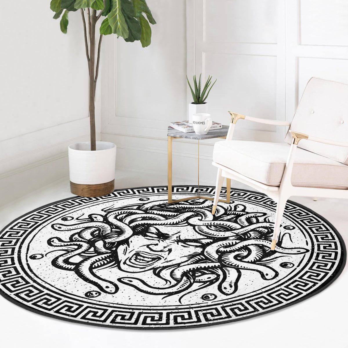 Medusa Round Rug, Black Gold Area Rug, Mythical Motif Rug, Greek ...