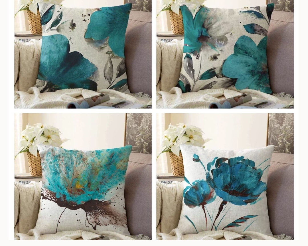 Turquoise Floral Pillow Cover, Turquoise Flower Pillow Case, Decorative ...