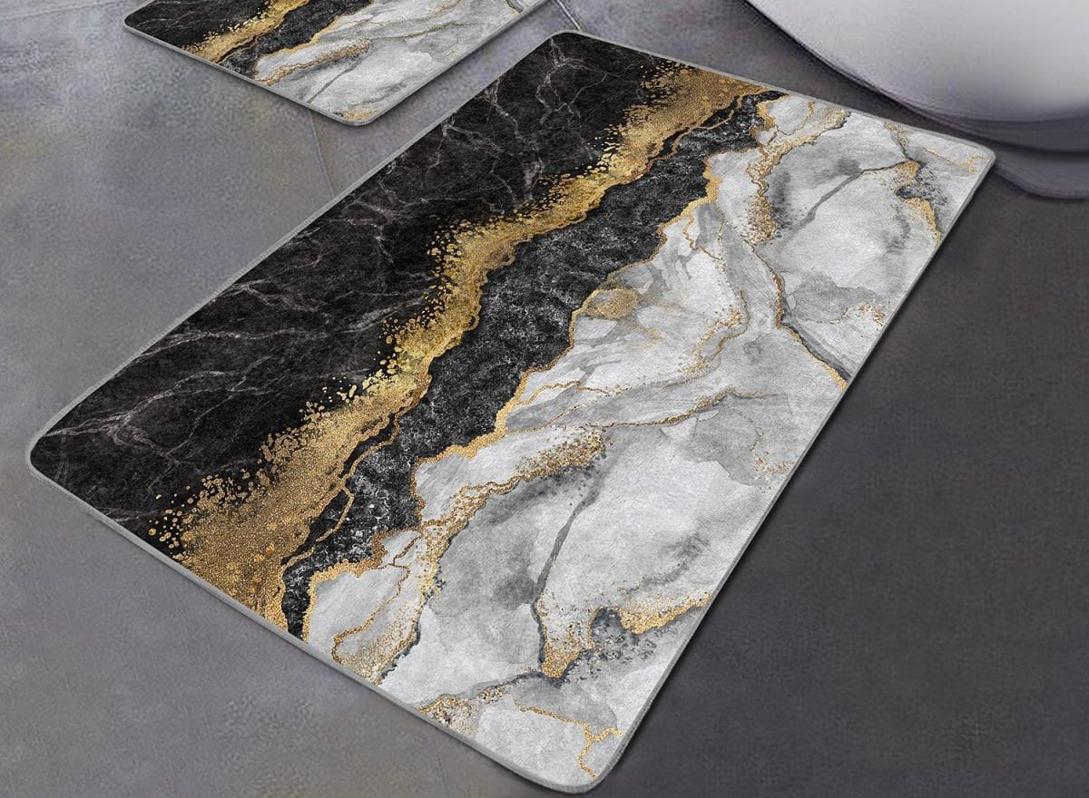 Set of 2 Marble Bath Mat, Black Gold Bath Rug, Non-slip Bath Mat Set ...