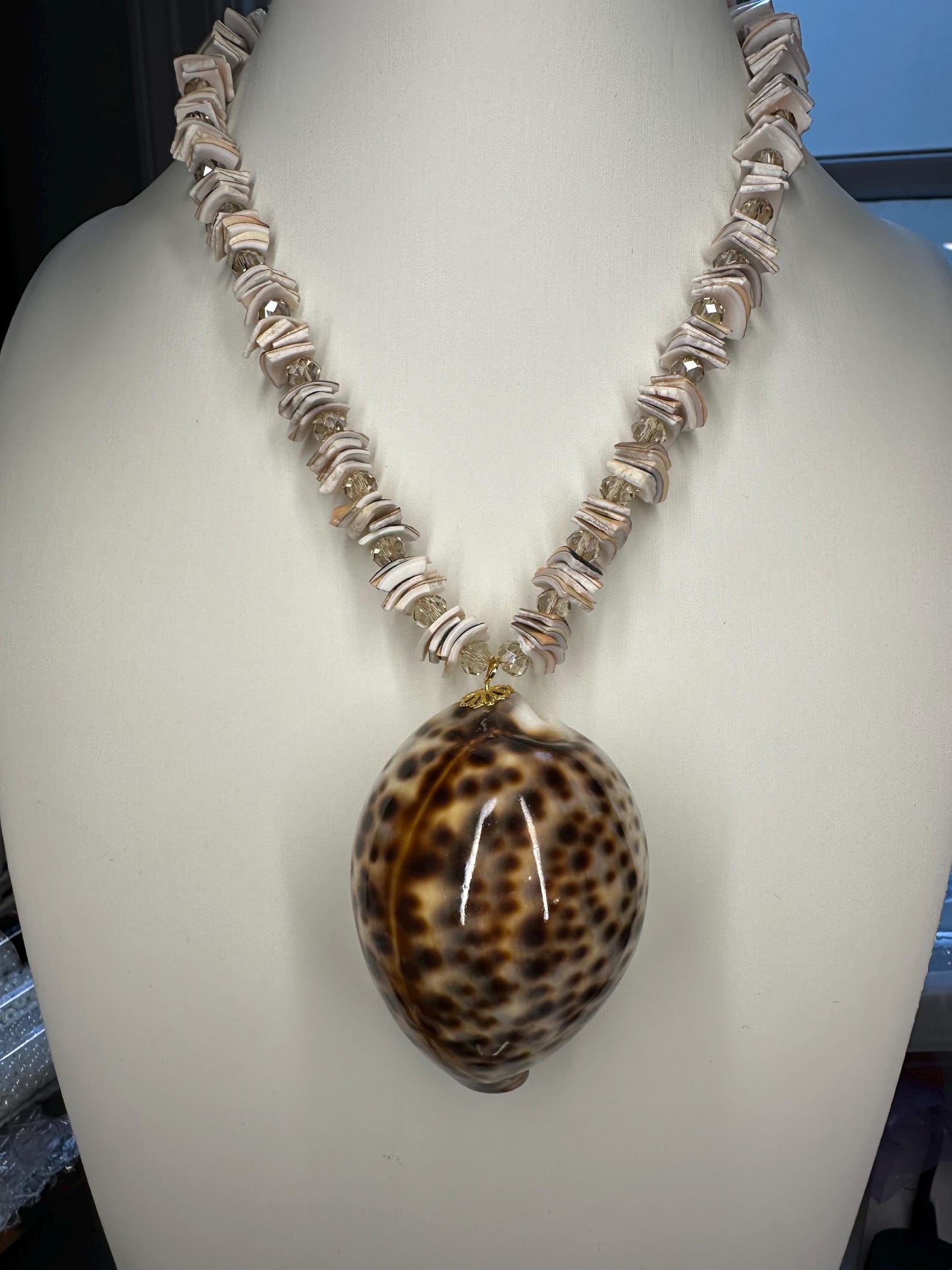 Cowrie Shell Pendant Shell and Czech Glass Bead Handmade Chain Beachy ...