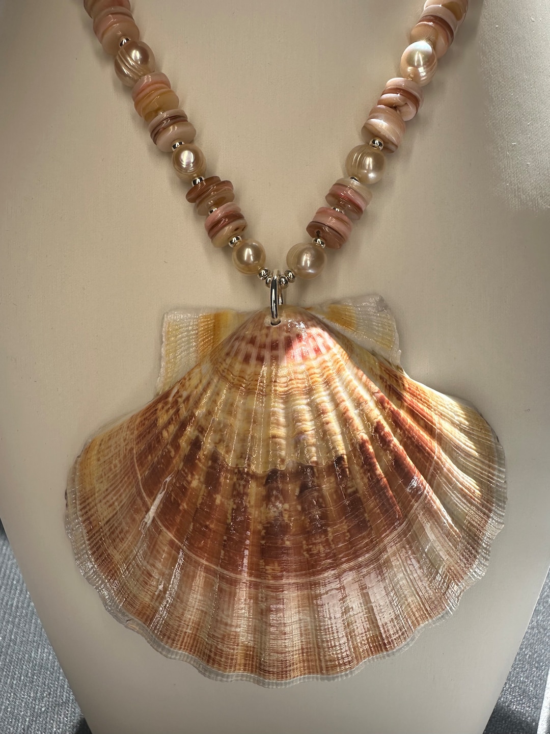Seashell Pendant With Freshwater Pearl Beaded Necklace Large Seashell ...