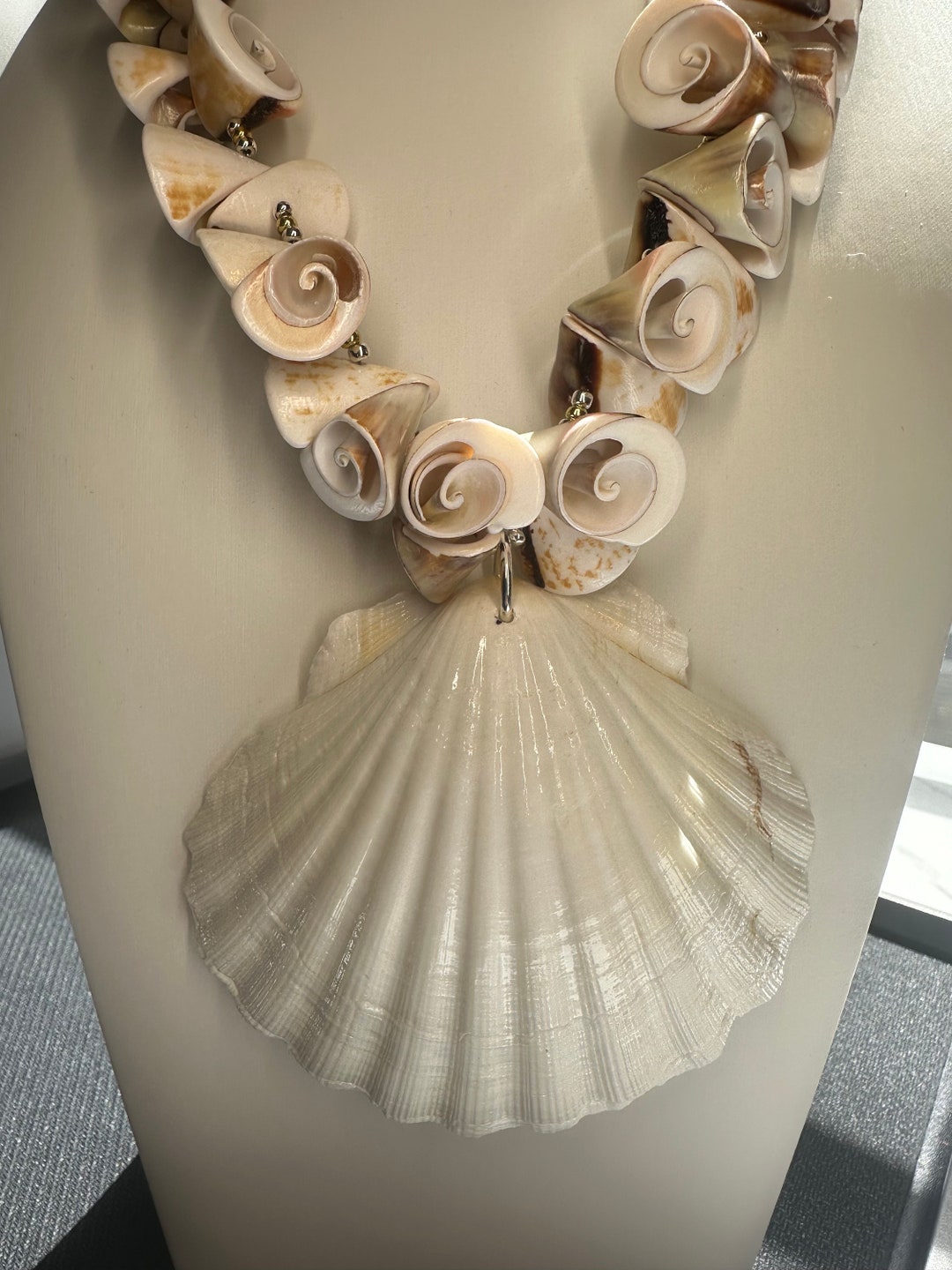 Seashell Pendant With a Spiral Shell Beaded Necklace, Large Freshwater ...
