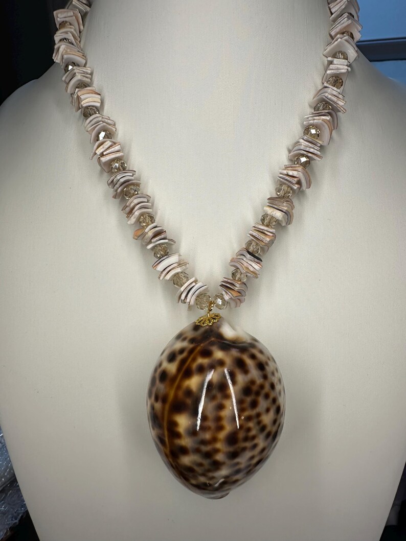 Cowrie Shell Pendant Shell and Czech Glass Bead Handmade Chain Beachy ...